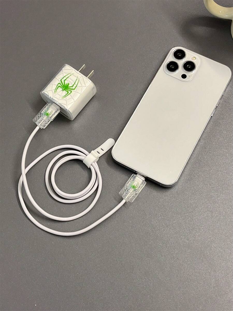 4pcs/Set Transparent Tpu Spider Design Painted Charger & Data Cable ...