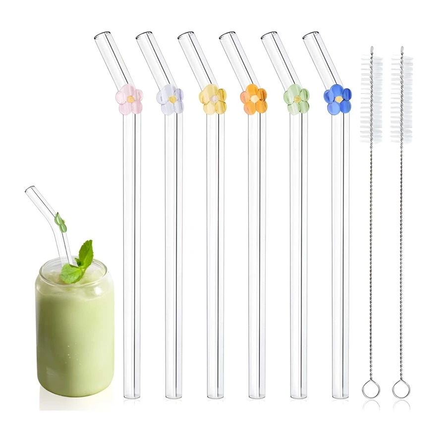 6 Pcs Reusable Glass Straws With 2 Cleaning Brushes, Cute Colorful ...
