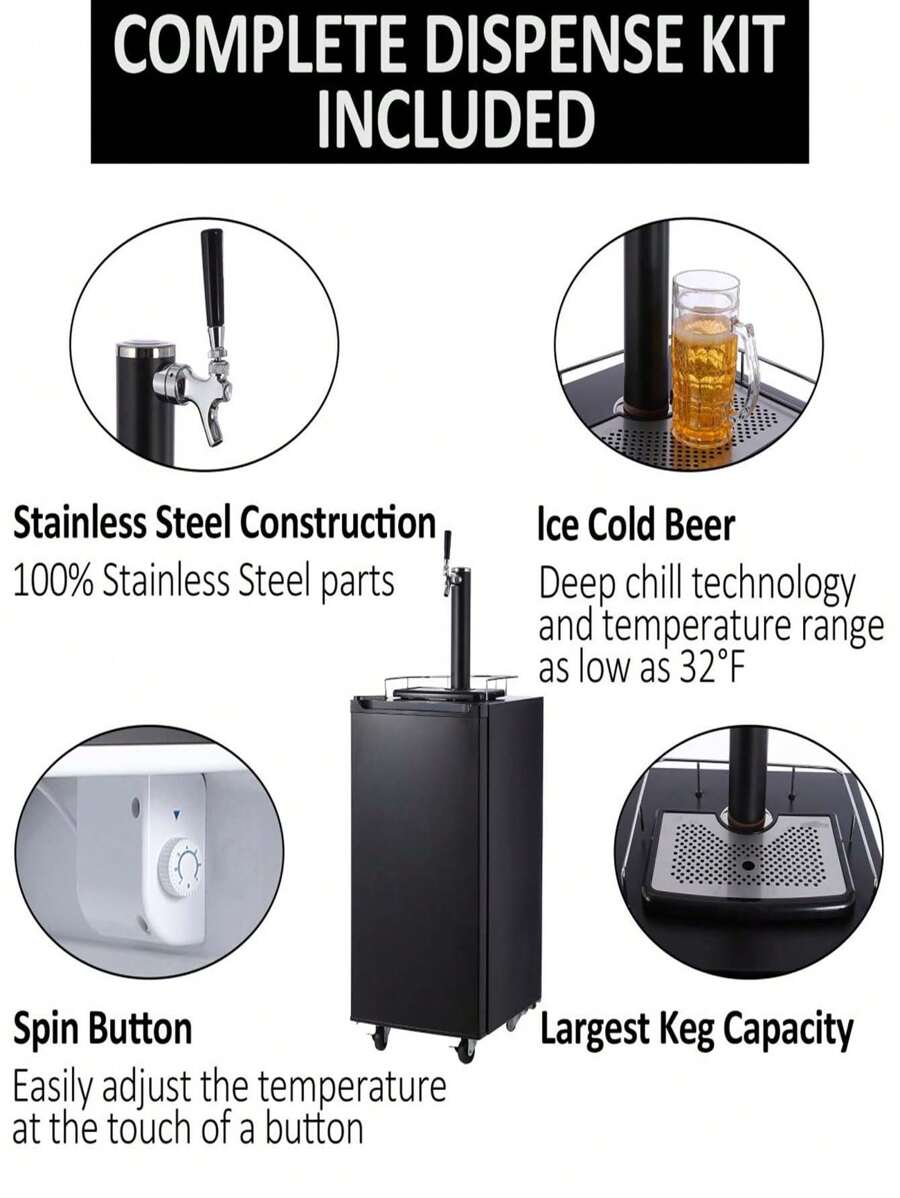 Kegerator And Keg Beer Cooler, Single Faucet Draft Beer Dispenser, Full ...
