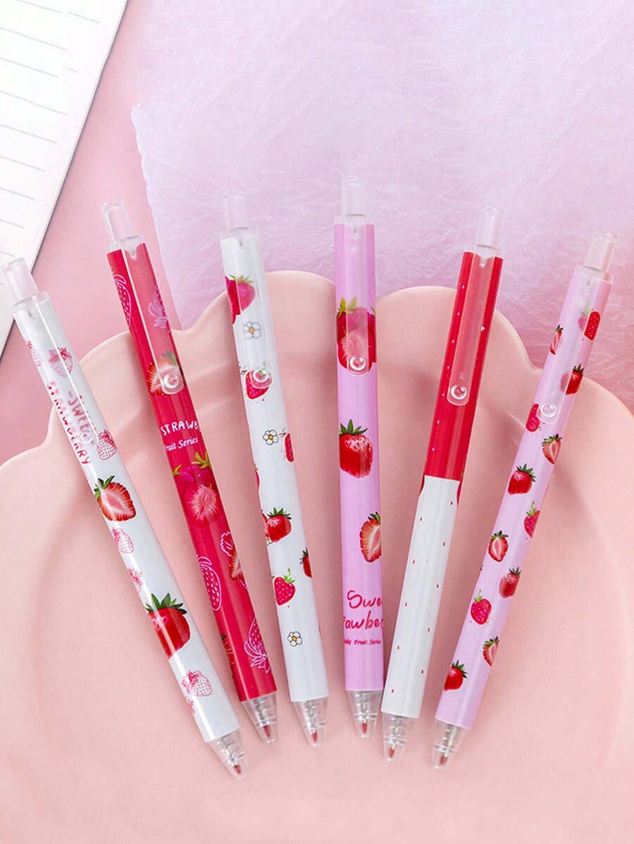 6pcs Cute Strawberry Retractable Ballpoint Pens, 0.5mm Black Ink ...
