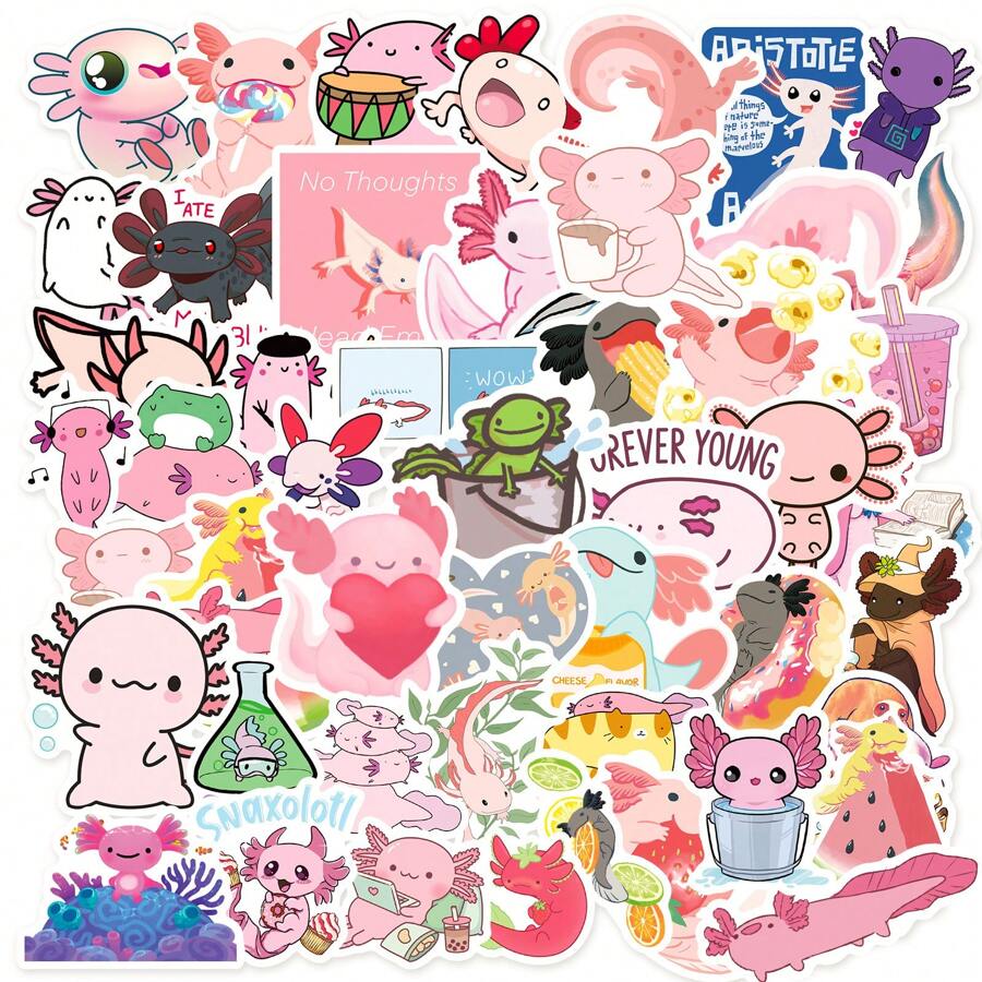 50 Pink Axolotl Stickers, Cartoon Animals Axolotl, Doll Fish, Hand ...