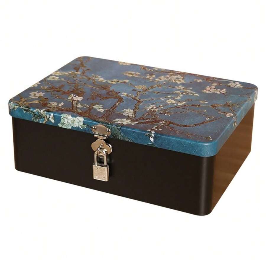 Vintage Large Capacity Tinplate Box With Lock Key Desktop Storage Case ...