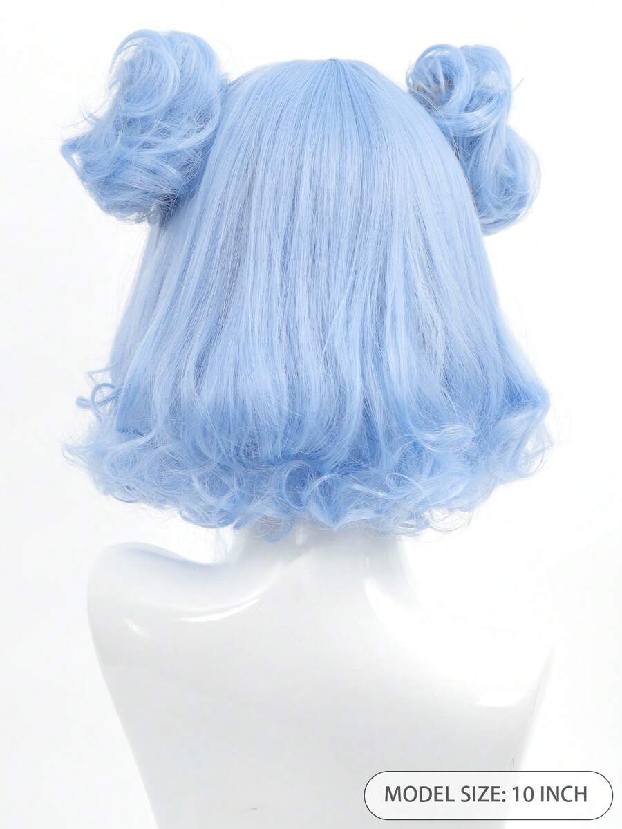 Light Blue Bob Short Wig 25CM Wavy Bangs With Headband And Buns Cosplay ...