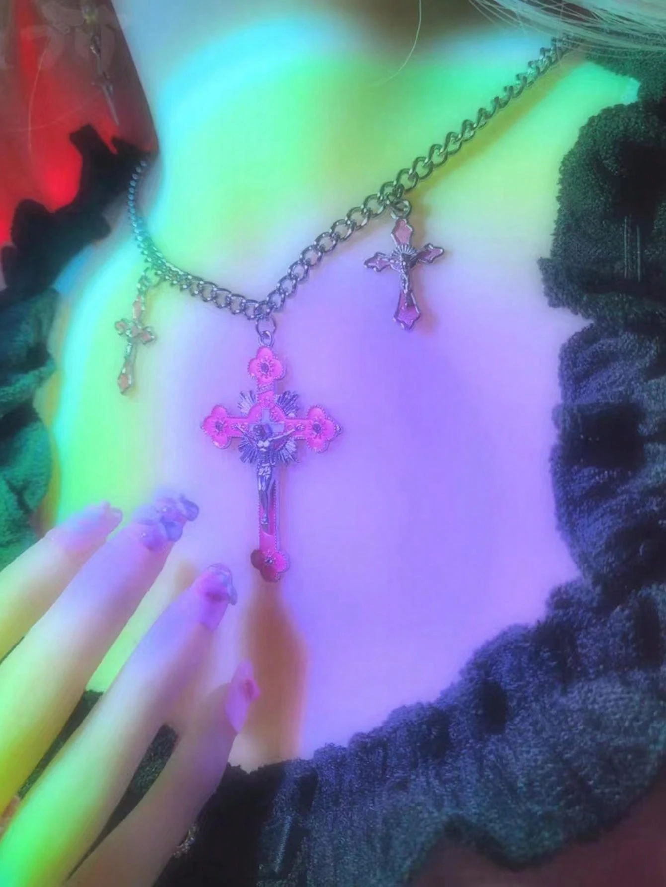 1pc Gothic Zirconia Millennium Y2K Sun Pink Cross Jesus Water Ripple ...