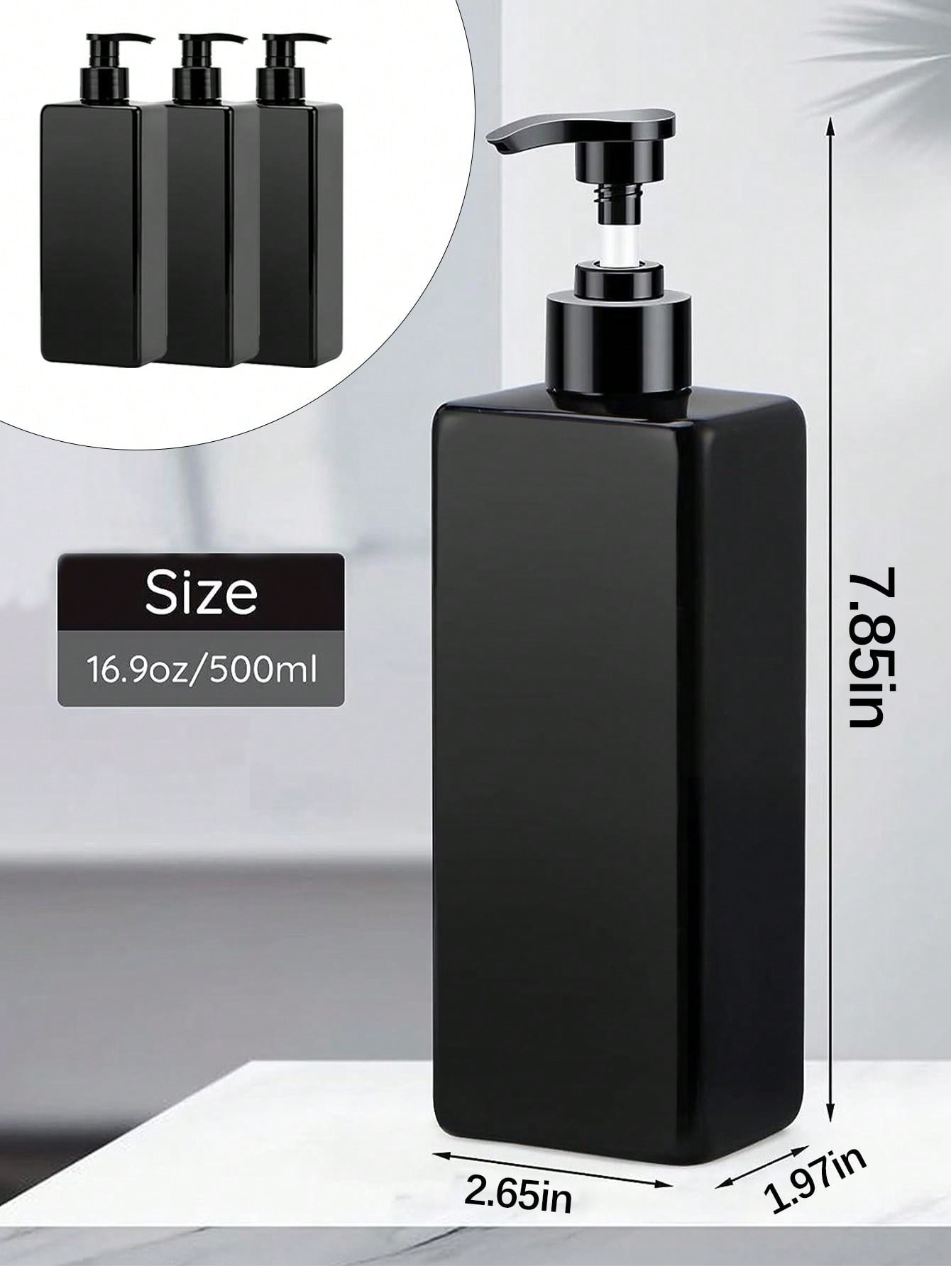 3pcs 500ml Black Bathroom Shampoo Shower Gel Cosmetic Bottles