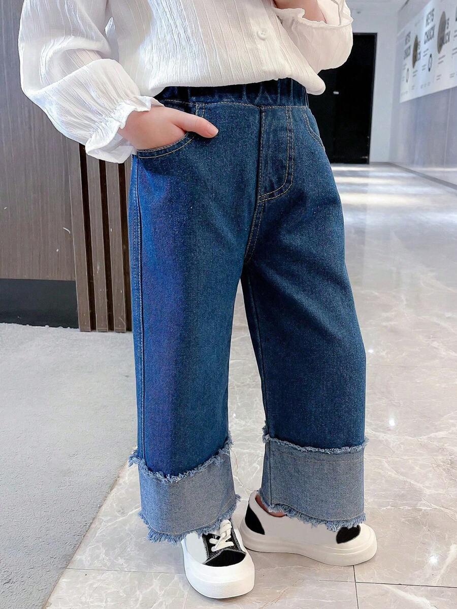 Girls' Frayed Hem Jeans For Fall And Winter (For Size 90cm (3Y), It Is Designed With A Double ...