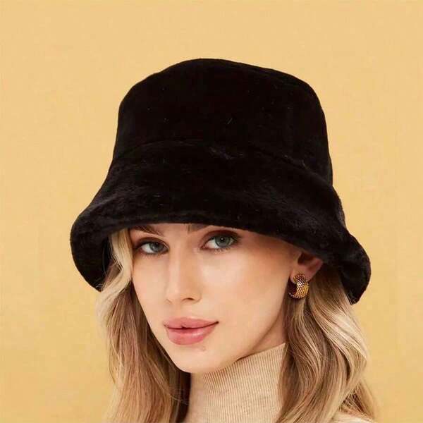 1pc Women'S Simple And Warm Wool Bucket Hat For Winter, With Pom Pom ...