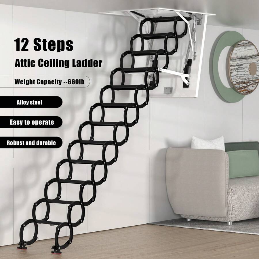 12 Steps Attic Ladder Pull Down Attic Stairs 9.8FT Retractable Loft Ladder Ceiling Mounted Alloy ...