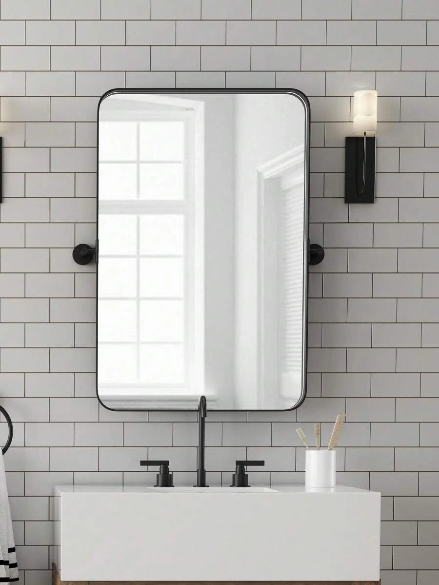 Pivot Bathroom Mirror For Wall - Farmhouse Large Black Metal Framed ...