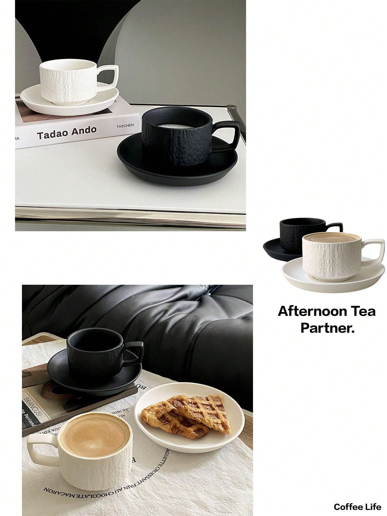 Black And White Simple Ceramic Coffee Cup And Saucer. High-End Light ...