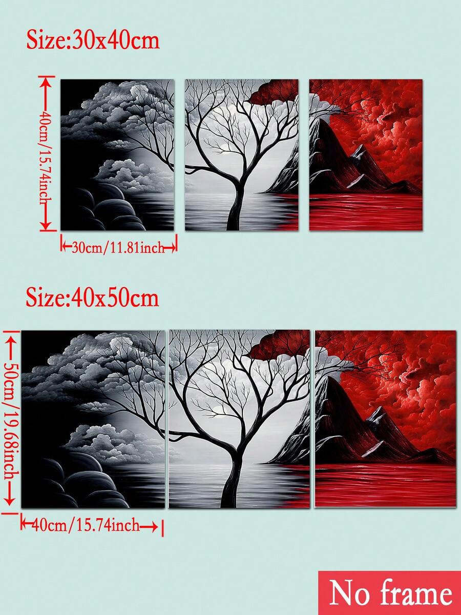 Set Of 3 Abstract Tree Landscape Rendered Red And Black Wall Art ...