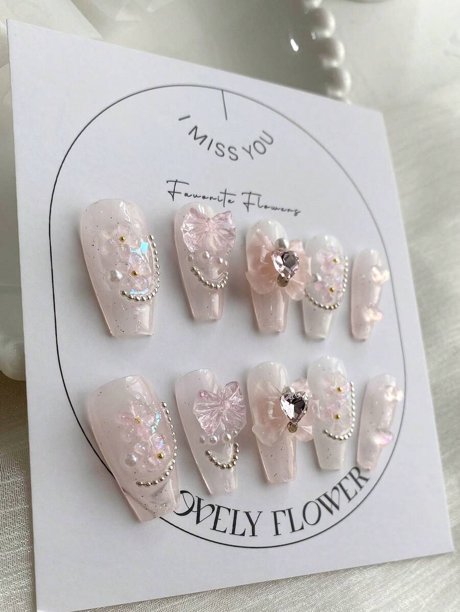 10pcs Coffin Shape Design Handmade False Nails With Floral And ...