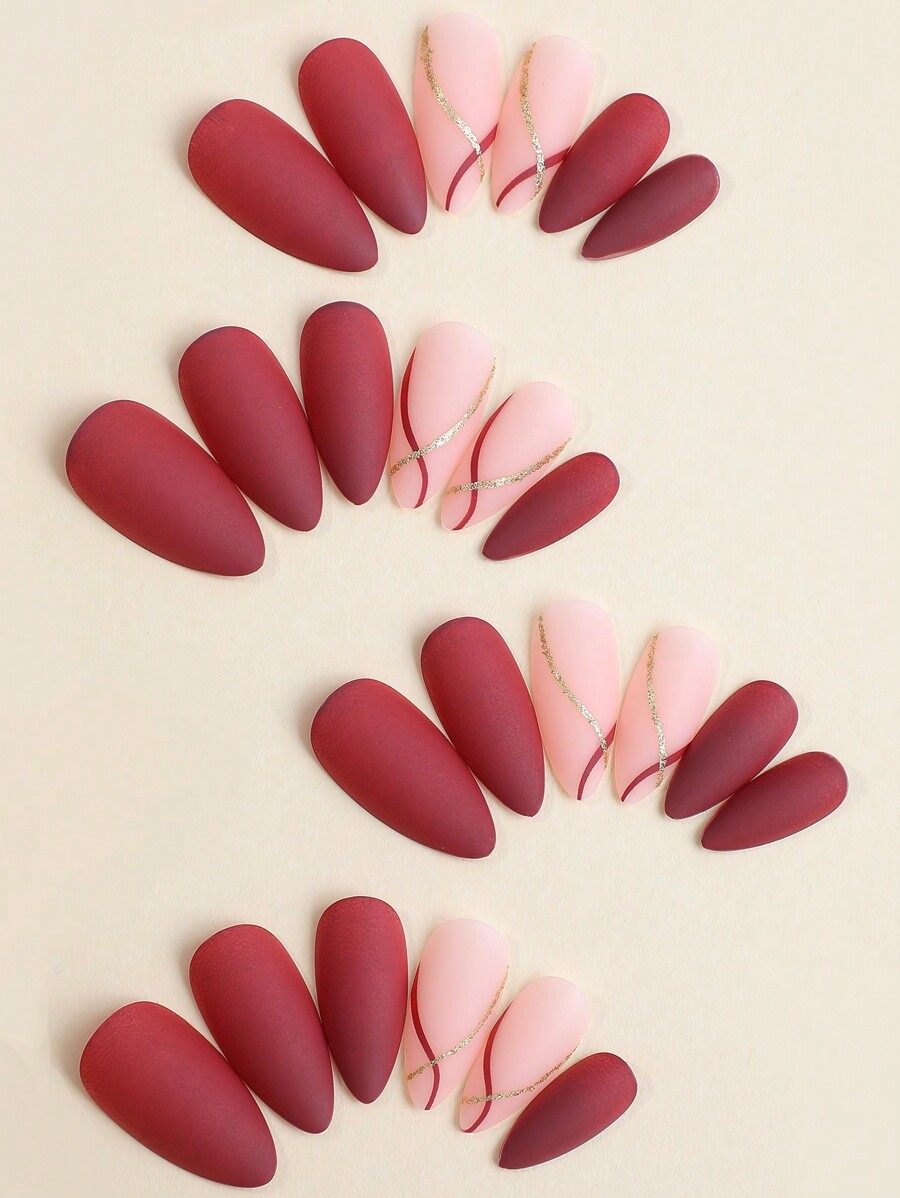 24pcs Matte Almond Shape Press On Nails Golden And Red Stripe False ...