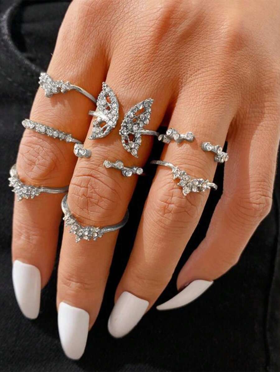Women's Bohemian Ring 8 Pieces Ring Set With Rhinestone Butterfly ...