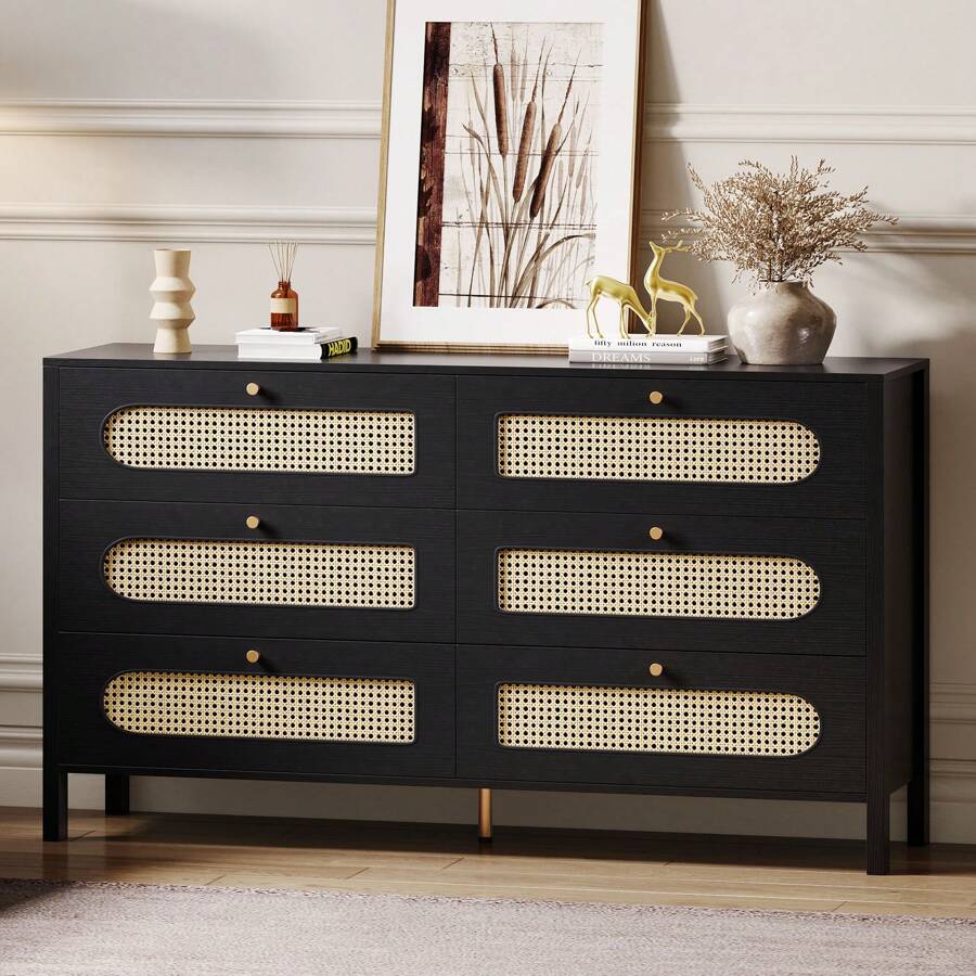6-Drawer Dresser Storage Cabinet Sideboard Modern Cannage Rattan Wood ...