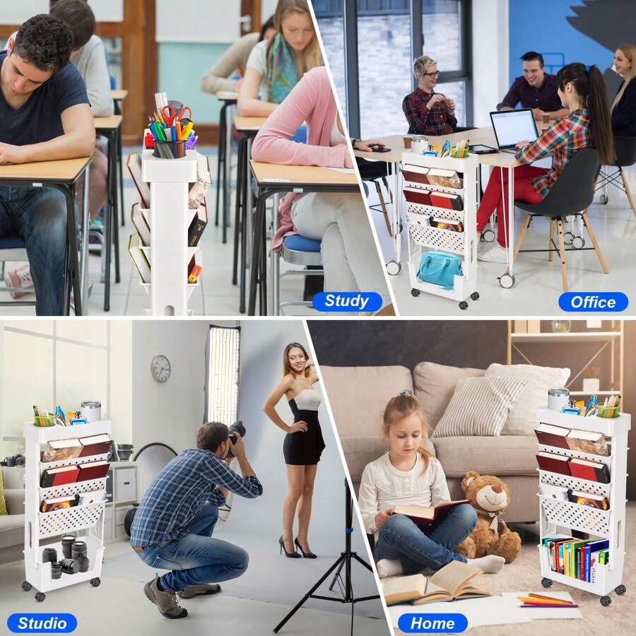 Mobile Bookshelf Cart, 5 Tier Mobile Bookshelf With Wheels, Rolling ...