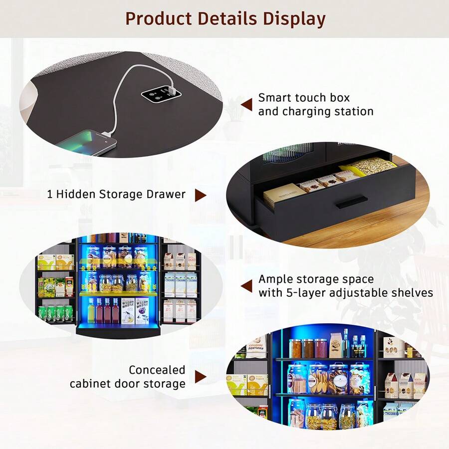 HNEBC Kitchen Pantry Cabinet With LED Lights, Pantry Storage Cabinet ...