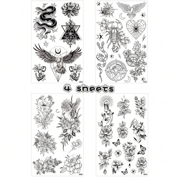 4 Half Arm Temporary Tattoos Sleeve Tattoos Waterproof Realistic Long ...