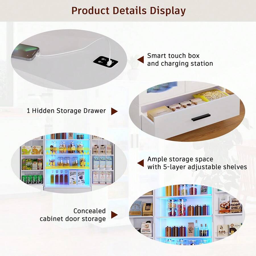 Kitchen Pantry Cabinet With LED Lights, Pantry Storage Cabinet With ...