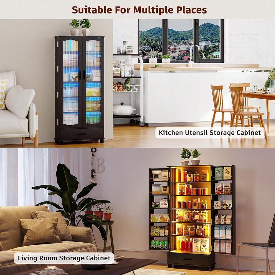HNEBC Kitchen Pantry Cabinet With LED Lights, Pantry Storage Cabinet ...