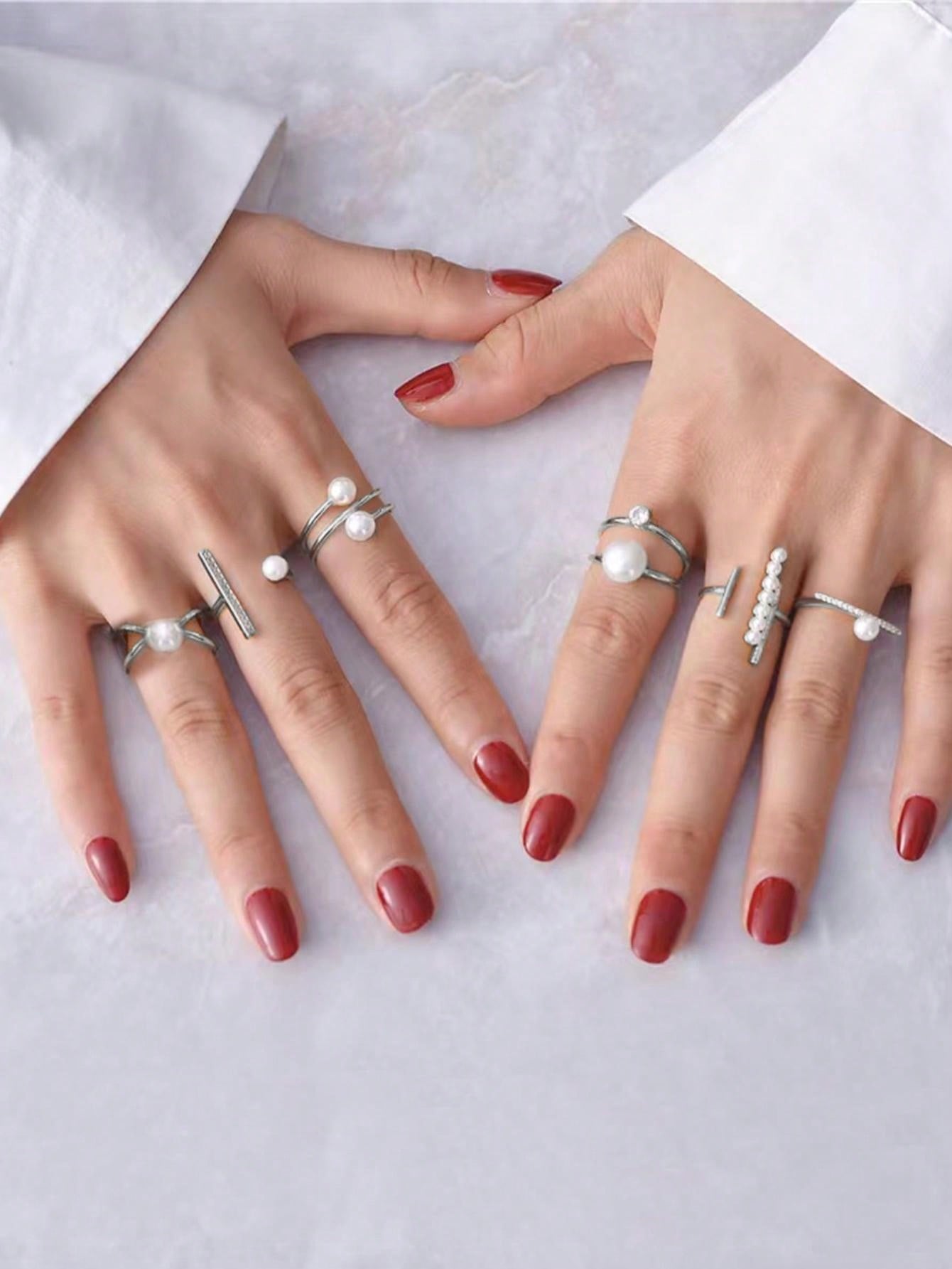 7pcs/Set Simple & Luxury Fashionable Faux Pearl & Rhinestone Open Ring ...