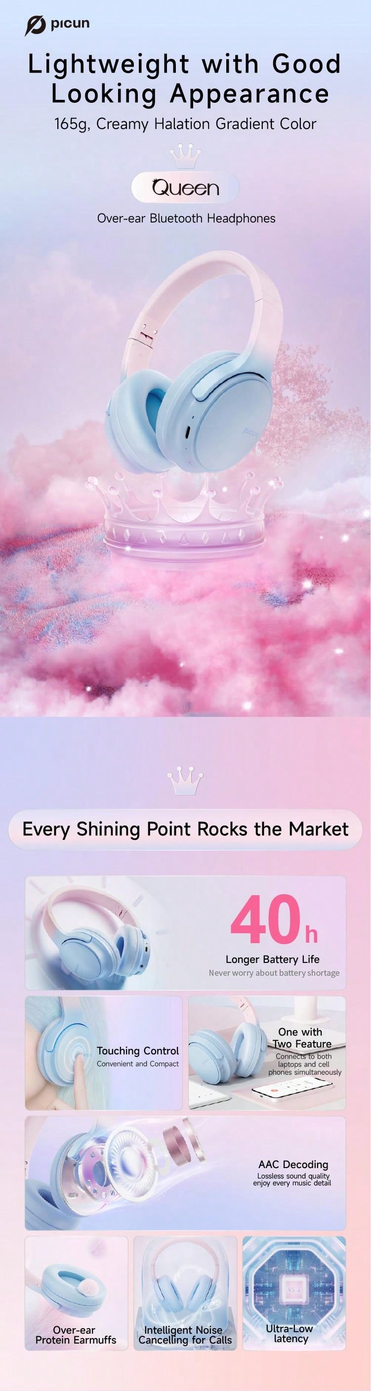 Picun Queen Wireless Gaming Headset With Noise Cancelling Function ...