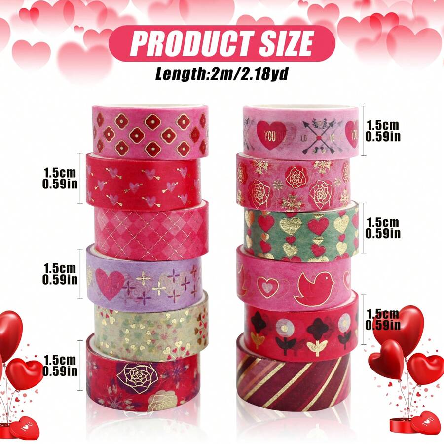 12 Rolls Valentine's Day Washi Tape Set,Pink Decorative Masking Tapes ...