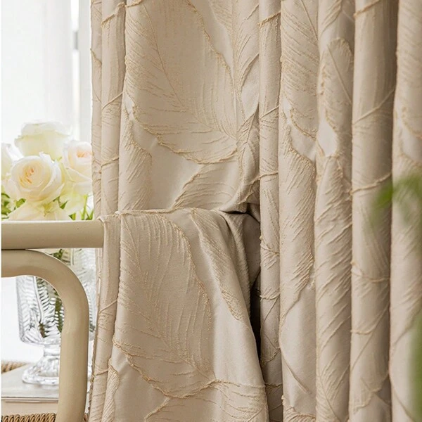 1pc Beige Embossed Leaf Pattern Light Blocking Curtain For Luxury Villa ...