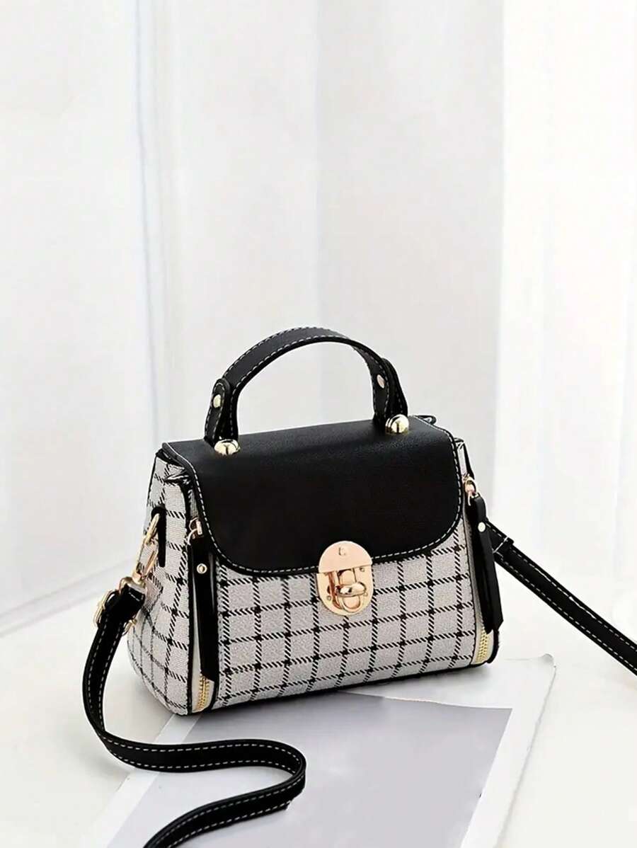 Yogodlns Plaid Pattern Portable Handbag, Faux Leather Flap Shoulder Bag ...