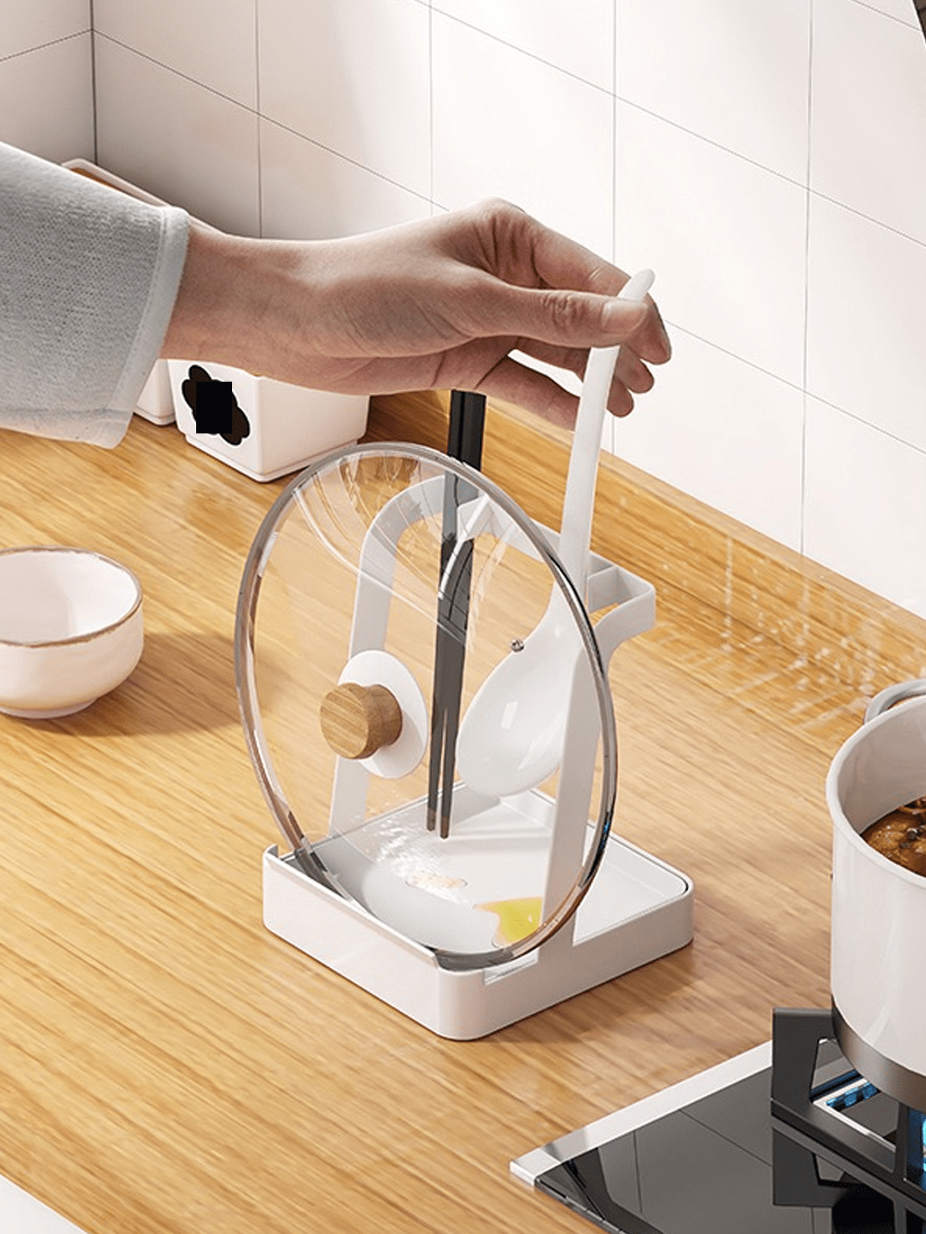 1pc Countertop Pot Lid Rack With Drip Tray, Kitchen Organizer Holder ...