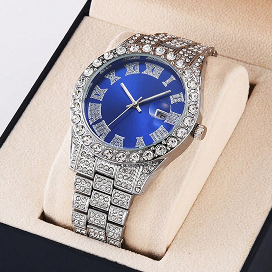 1pc Men's Fashion Business Roman Numeral Dial Iced-Out Quartz Steel ...
