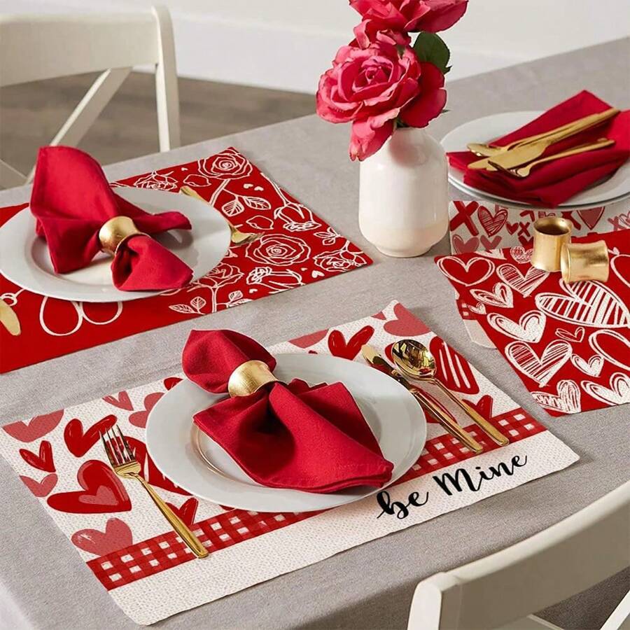 4pcs Valentine's Day Placemats, Seasonal Rustic Style Red And Buffalo ...