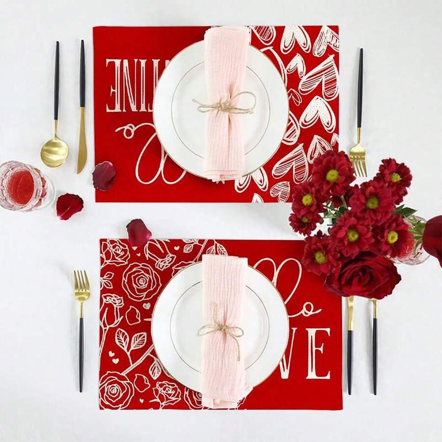 4pcs Valentine's Day Placemats, Seasonal Rustic Style Red And Buffalo ...