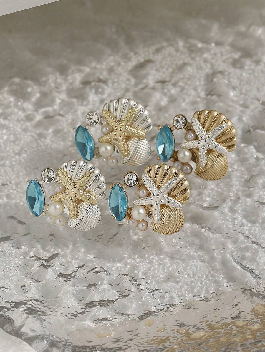 1pair Glass Gemstone Starfish Design Ear Studs With Shells, Faux Pearls ...