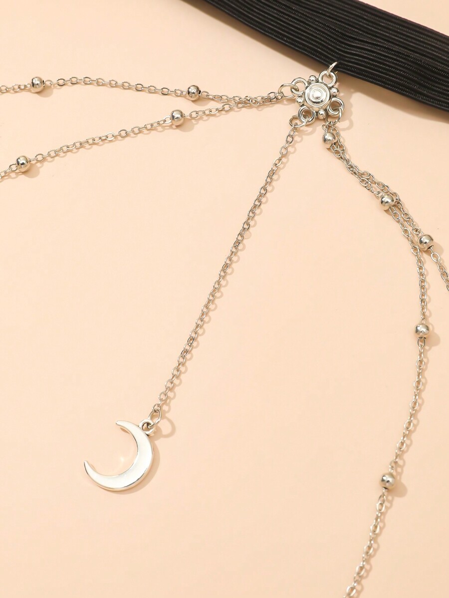 1pc Adjustable Elastic Double-Layer Beaded Chain With Metallic Crescent ...