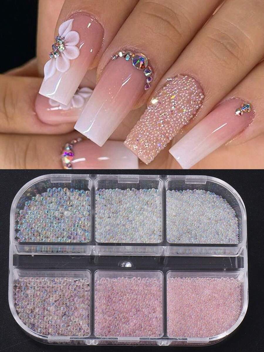 Micro Beads Caviar Ab Pink Nail Crystal Gem 6 Grids Mixed Color Clear ...