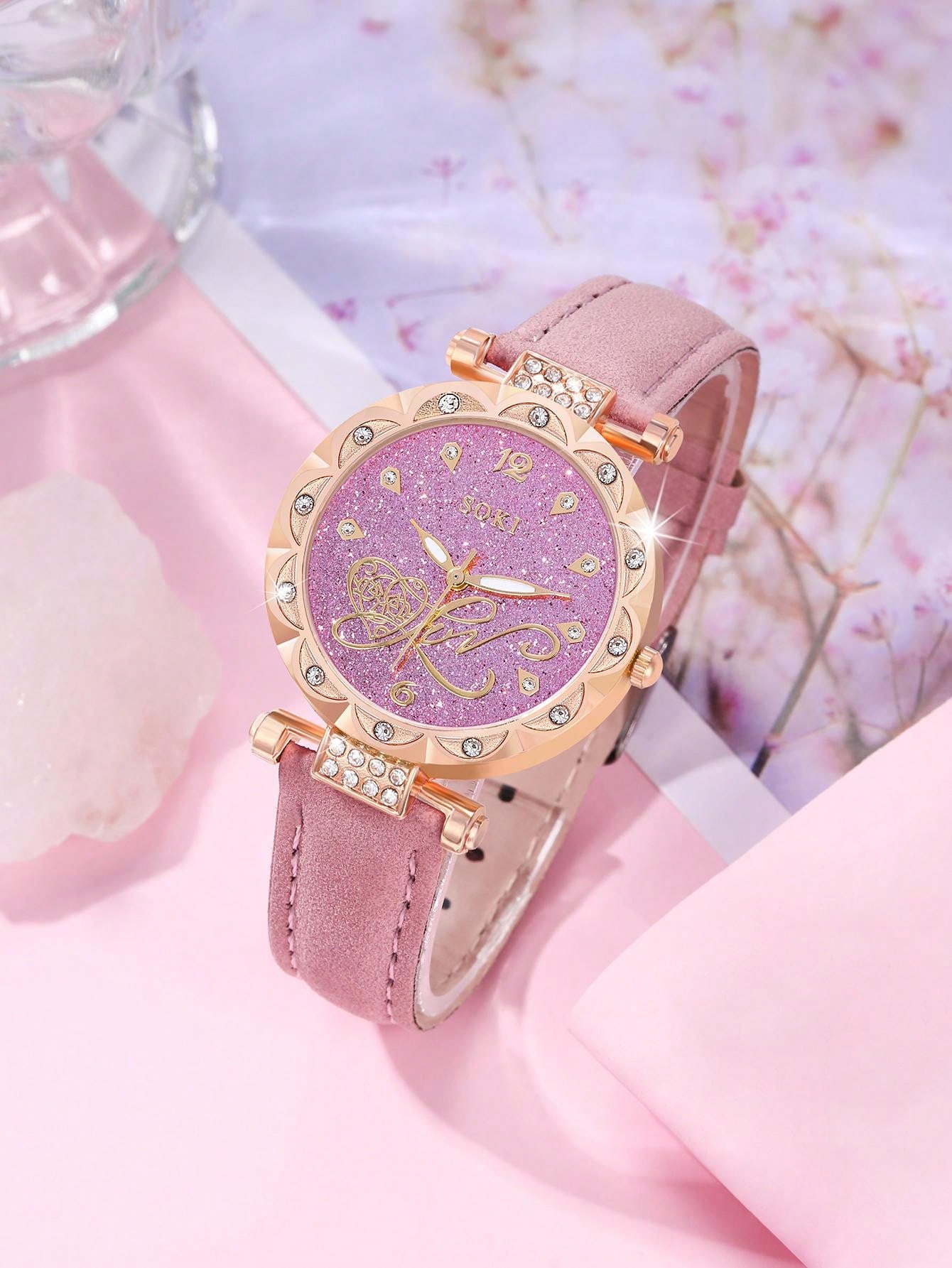 Ladies Watch 5pcs/Set Women's Pink Pu Strap Elegant Heart Shaped Face ...