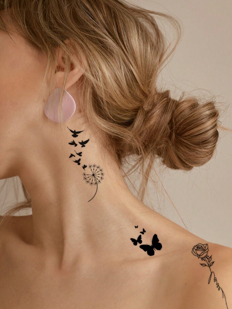 6pcs Black Temporary Tattoos Including Feather, Butterfly, Flower ...