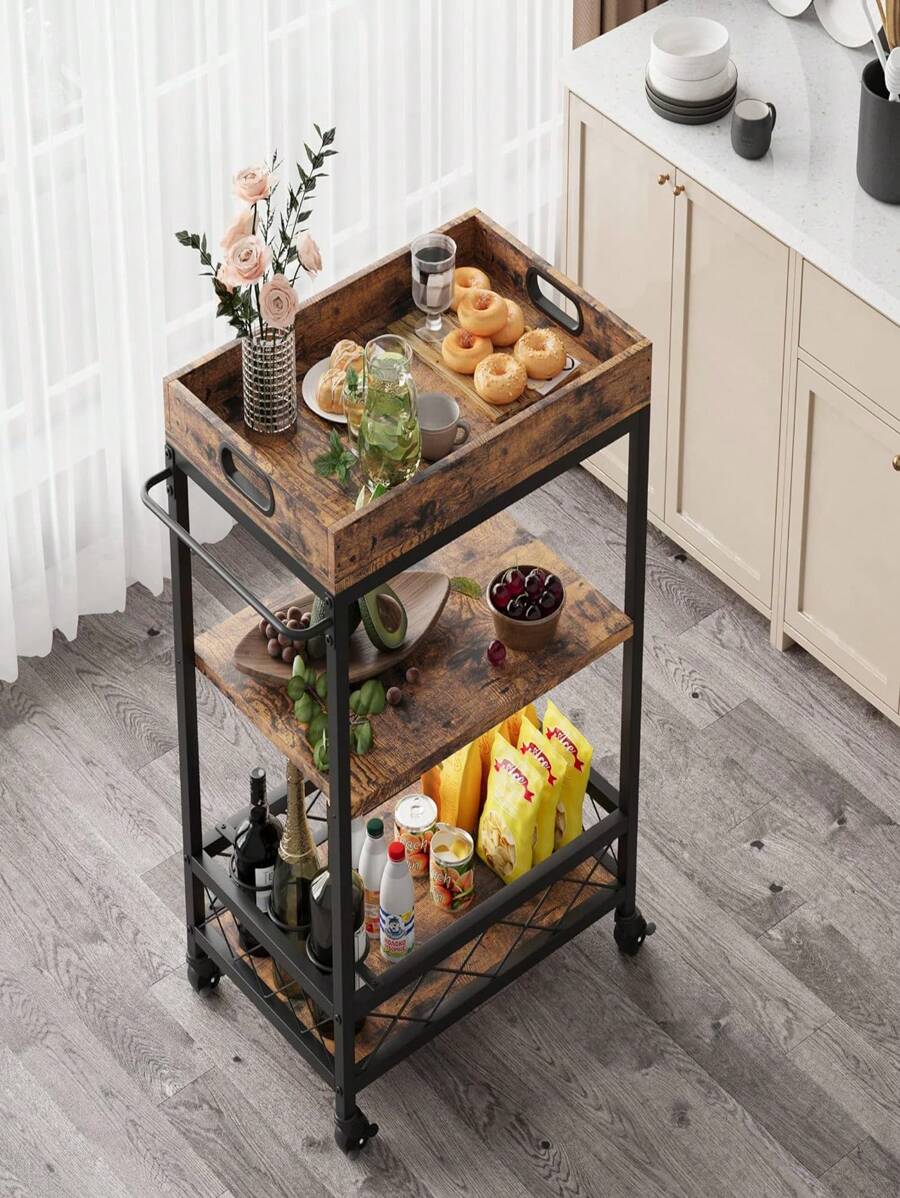 Bar Cart, 3 Tier Rustic Brown Bar Cart With Wheels And Handles ...