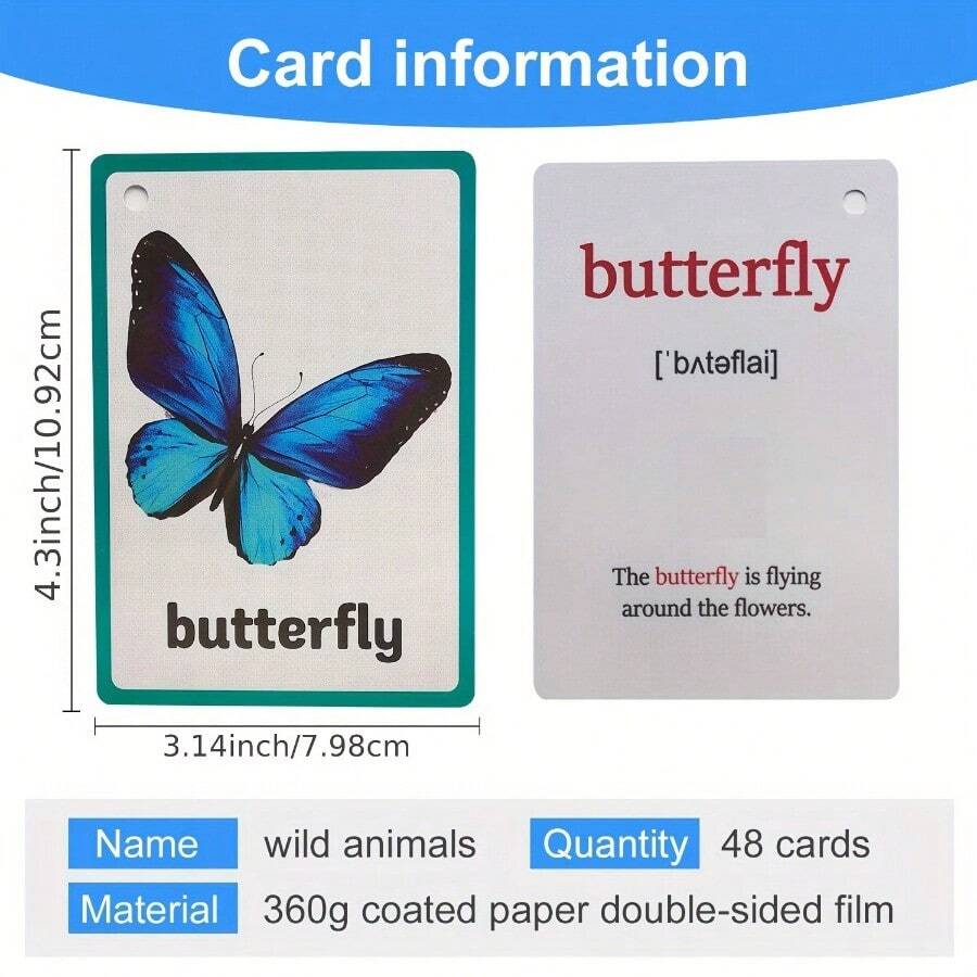 48 Cards Of Wild Animals Toddler Flash Cards Set Pre K-K Cards Pocket ...