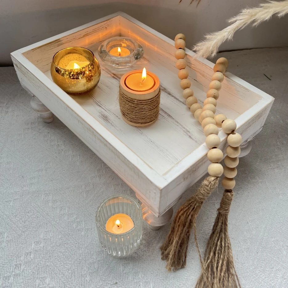 Wooden Riser Decorative Tray: Farmhouse Wood Pedestal Display Stand ...