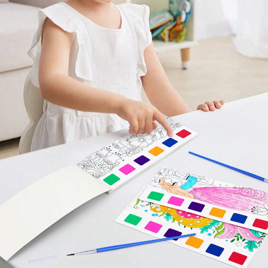 1set/12pcs Kids' Watercolor Painting Book With Stickers, Doodles ...