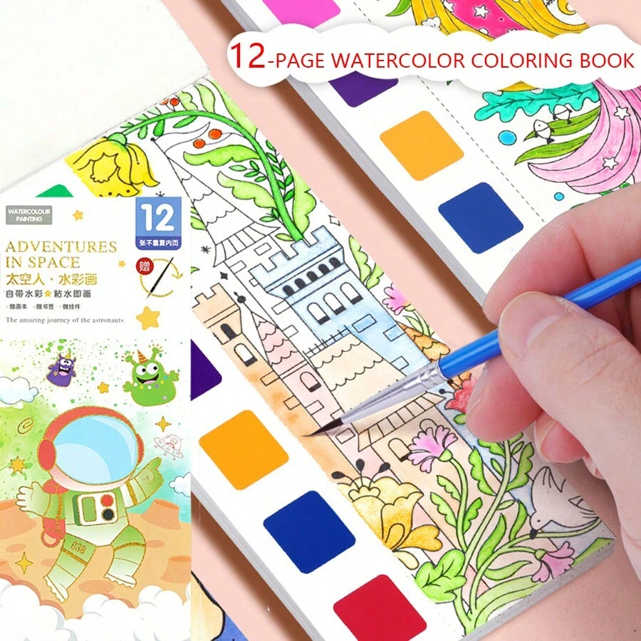 1set/12pcs Kids' Watercolor Painting Book With Stickers, Doodles ...
