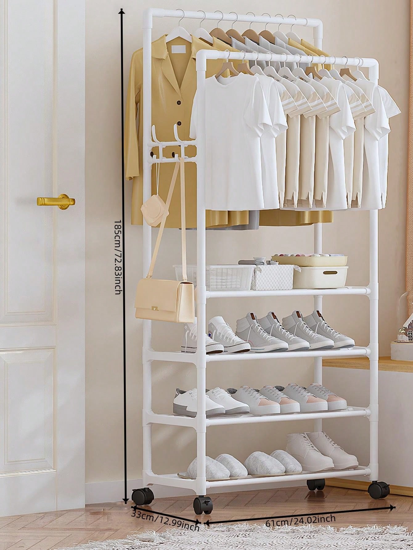 White 4-Tier Freestanding Clothes & Hat & Shoe Rack With Double Poles ...