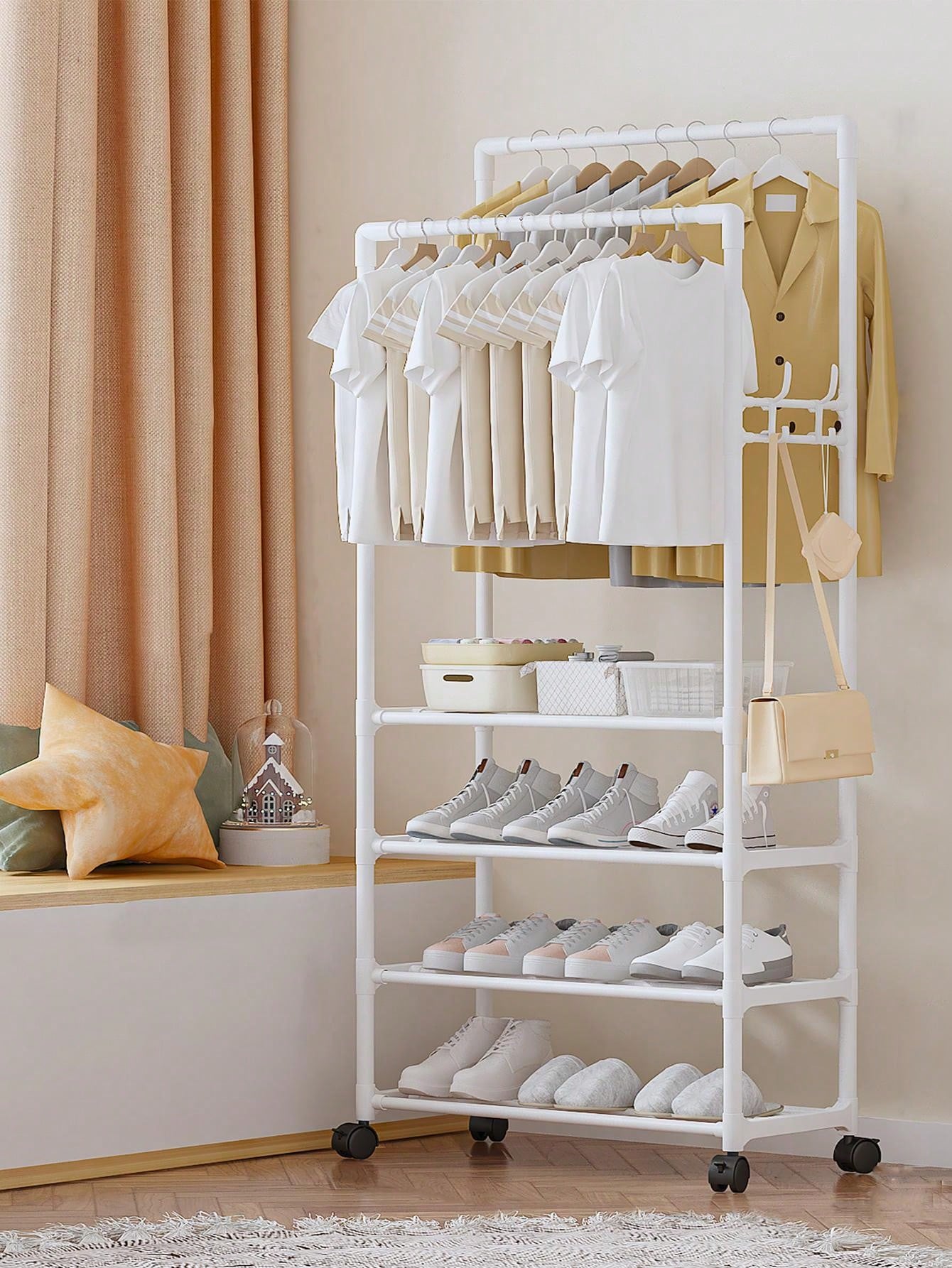 White 4-Tier Freestanding Clothes & Hat & Shoe Rack With Double Poles ...