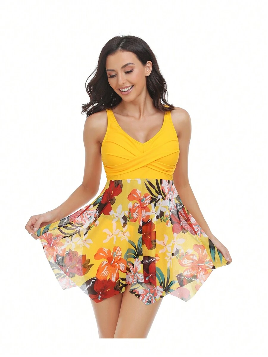 Yellow Conservative Tankini One Piece Swimsuit For Women With Mesh ...