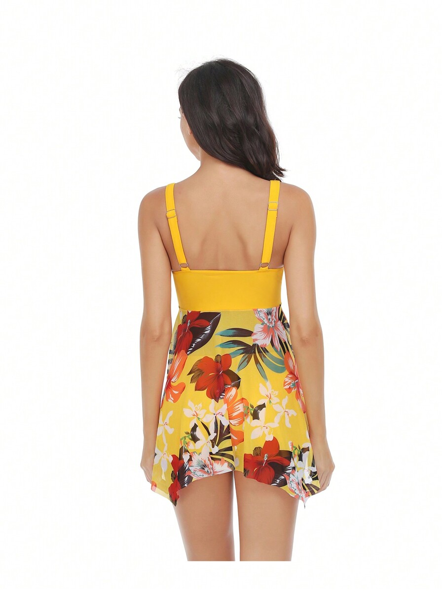 Yellow Conservative Tankini One Piece Swimsuit For Women With Mesh ...