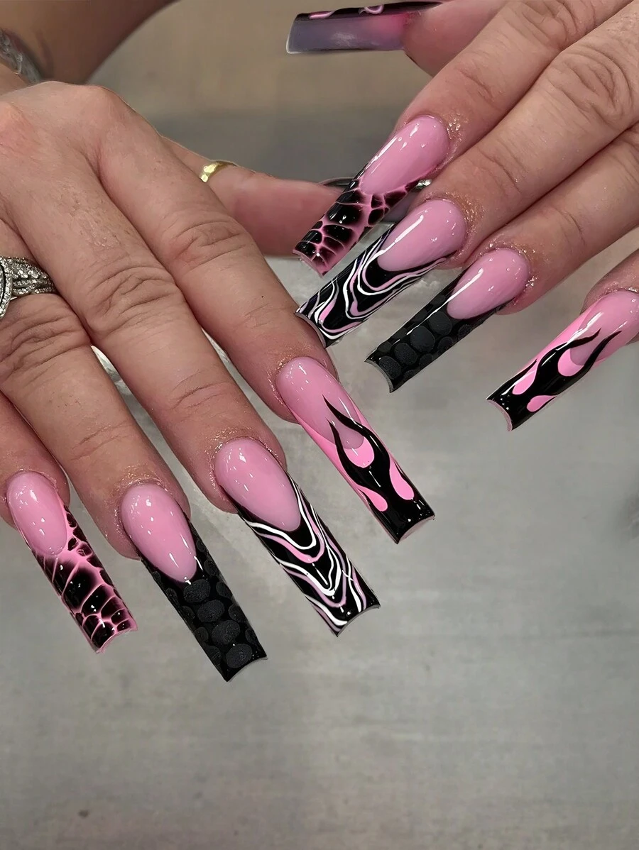 24 Pcs Pink Extra Long Press On Nails Black French Fake Nail Black ...