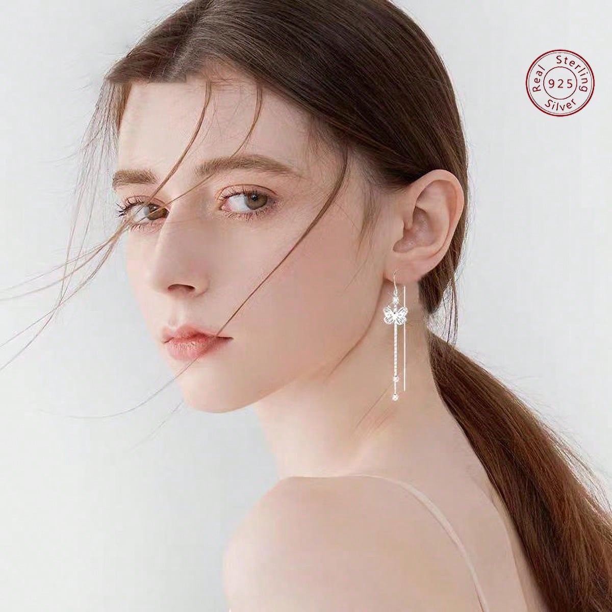 1pair New Style 999 Silver Butterfly & Tassel Long Ear Thread Earrings ...