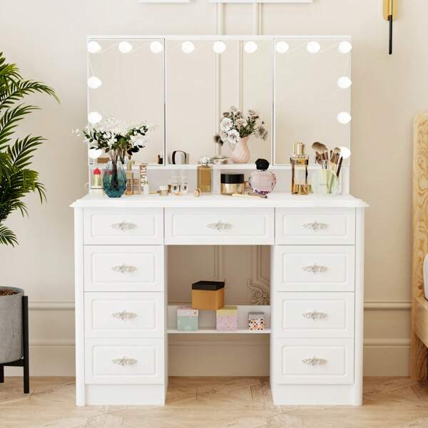 Vanity Desk Set Makeup Table With Large Lighted Mirror, 9 Drawers ...